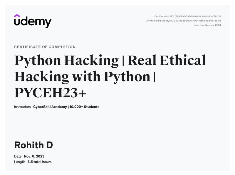 Completed Python Hacking course | Rohith D posted on the topic | LinkedIn Completed Python Hacking course | Rohith D posted on the topic | LinkedIn