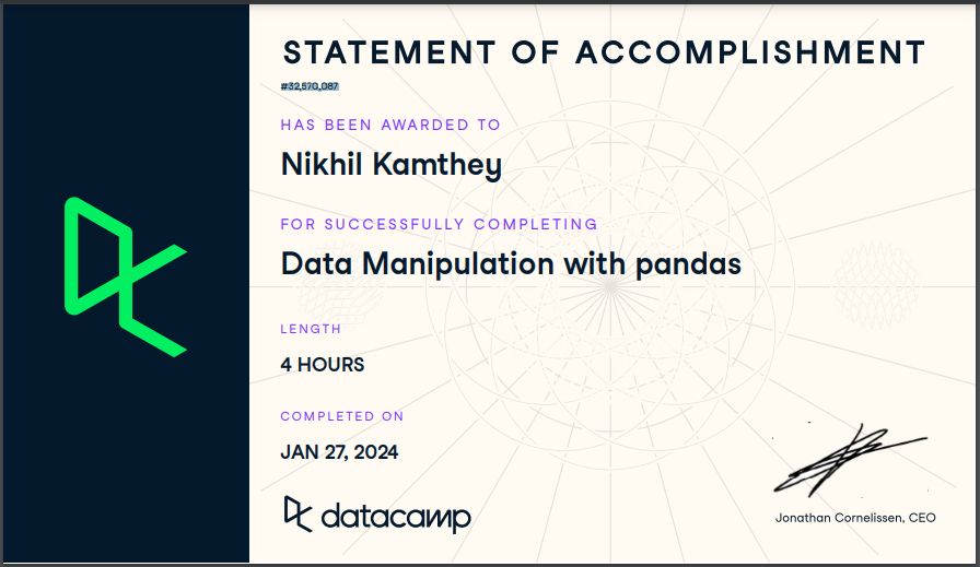 Completed Data Manipulation with Pandas course | Nikhil Kamthey posted ... Completed Data Manipulation with Pandas course | Nikhil Kamthey posted ...