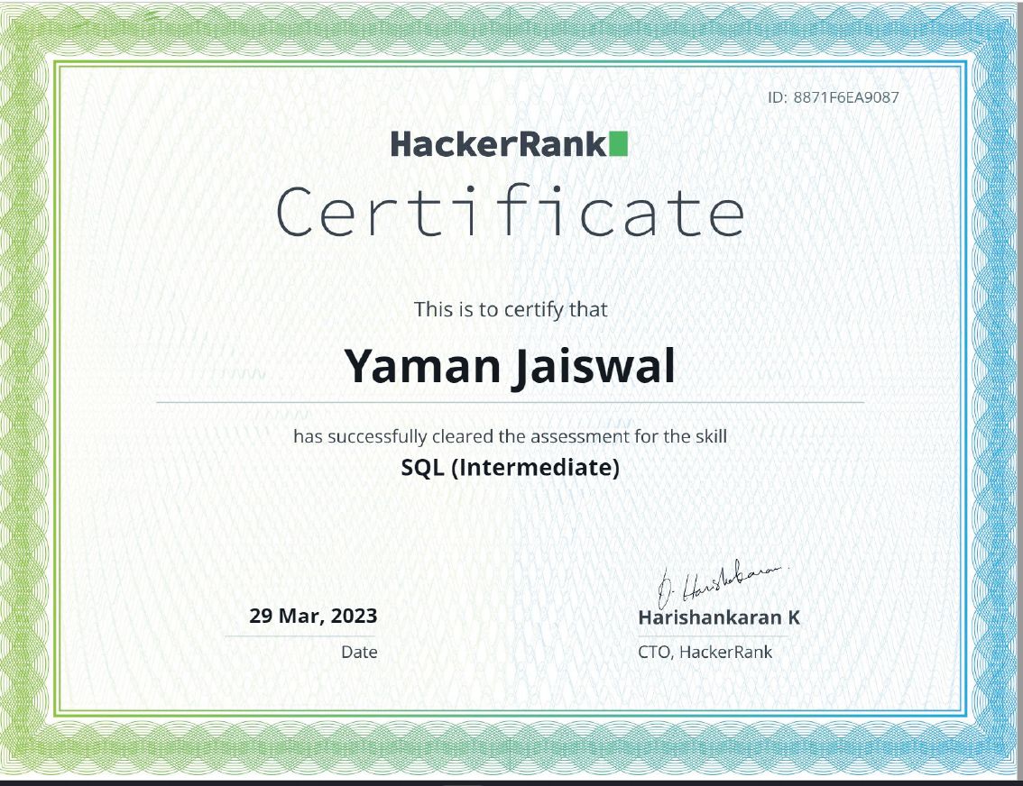 #sqlcertified #hackerrank #dataanalysis #millennialgarage | Yaman Jaiswal #sqlcertified #hackerrank #dataanalysis #millennialgarage | Yaman Jaiswal