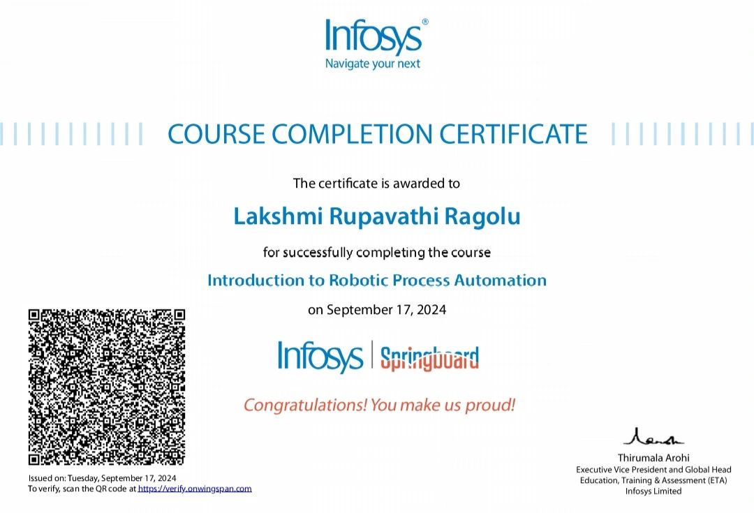Lakshmi Rupavathi Ragolu on LinkedIn: #infosysspringboard Lakshmi Rupavathi Ragolu on LinkedIn: #infosysspringboard