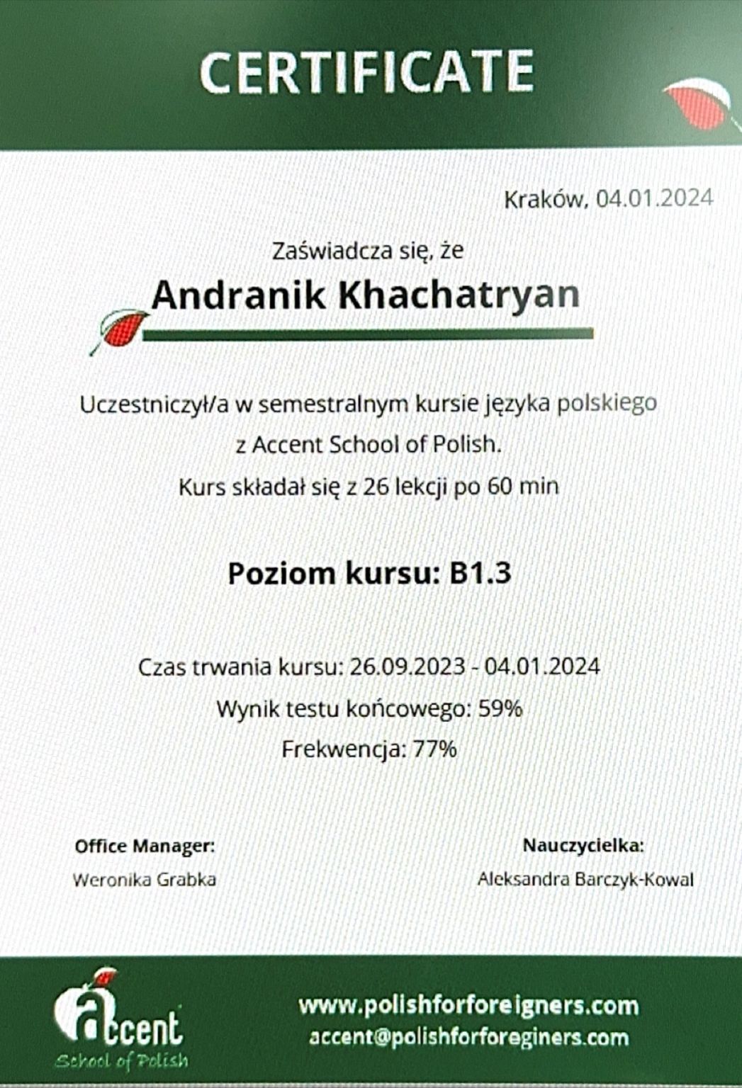 Andranik Khachatryan on LinkedIn: Polish B1 course completed Andranik Khachatryan on LinkedIn: Polish B1 course completed