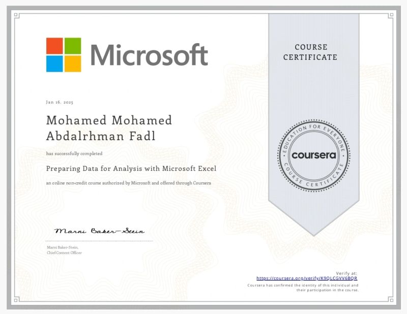 Mohamed Fadl on LinkedIn: Certificate of Data Analysis with Excel from ... Mohamed Fadl on LinkedIn: Certificate of Data Analysis with Excel from ...