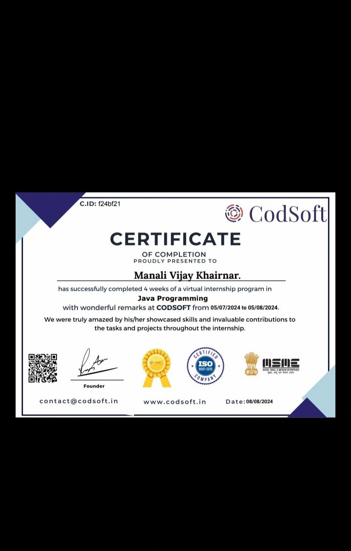 Manali Khairnar on LinkedIn: #javainternship #certificate #coding # ... Manali Khairnar on LinkedIn: #javainternship #certificate #coding # ...