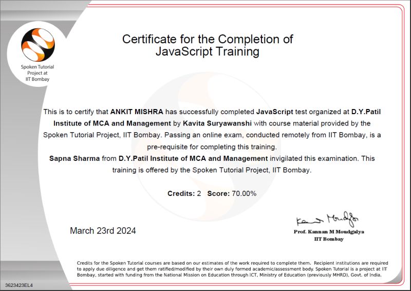 Completed JavaScript training from Spoken Tutorial | Ankit Mishra ... Completed JavaScript training from Spoken Tutorial | Ankit Mishra ...