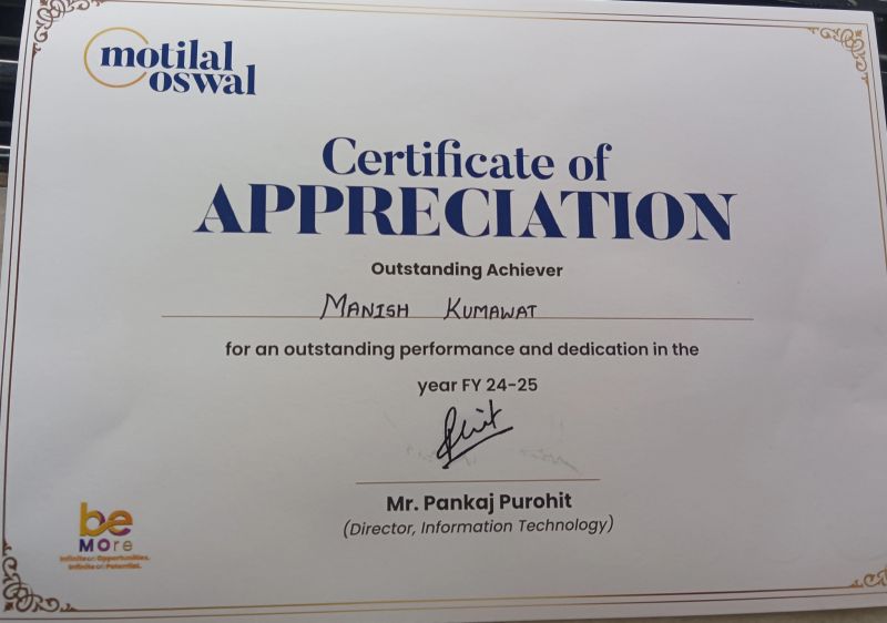 Honored to Receive the Outstanding Achiever Certificate from Motilal ... Honored to Receive the Outstanding Achiever Certificate from Motilal ...