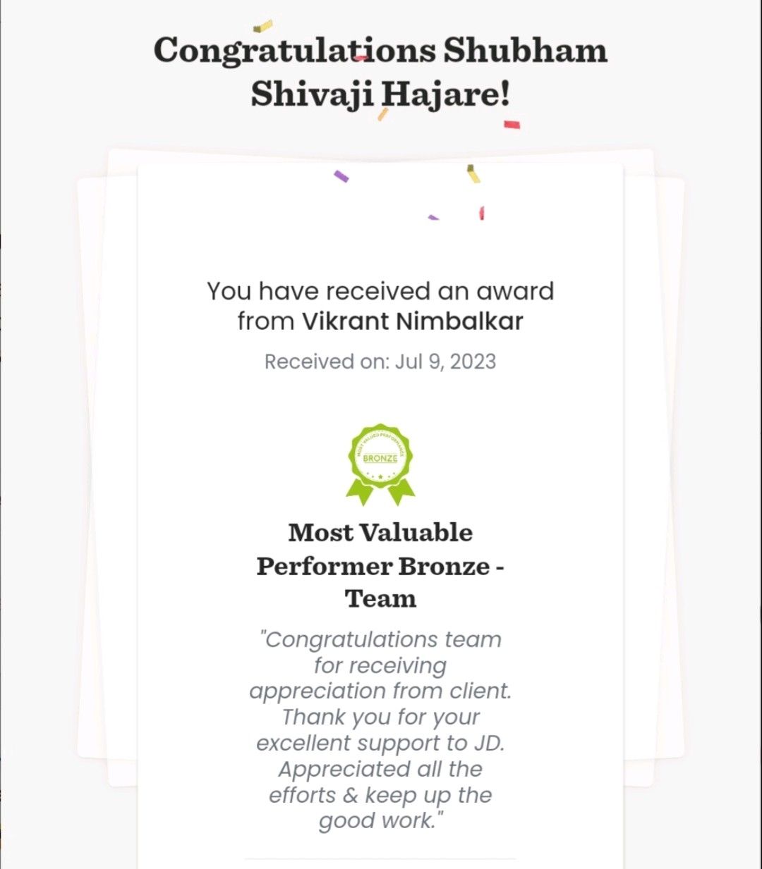 Shubham Hajare on LinkedIn: Received Most valuable performer-Bronze ... Shubham Hajare on LinkedIn: Received Most valuable performer-Bronze ...
