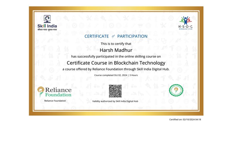 Harsh Madhur on LinkedIn: Certificate of Blockchain Technology Skill ... Harsh Madhur on LinkedIn: Certificate of Blockchain Technology Skill ...