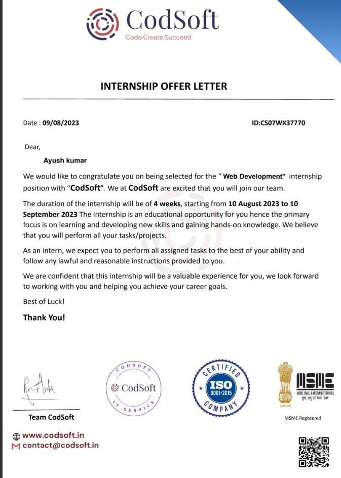Ayush Kumar on LinkedIn: #codesoft #intern2023 #intership #webdevelopment Ayush Kumar on LinkedIn: #codesoft #intern2023 #intership #webdevelopment