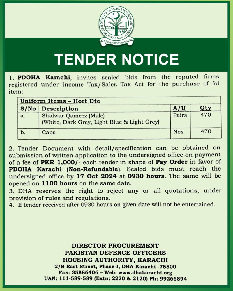 DHA Karachi on LinkedIn: Tender Notice - Uniform Items #UniformItems # ... DHA Karachi on LinkedIn: Tender Notice - Uniform Items #UniformItems # ...