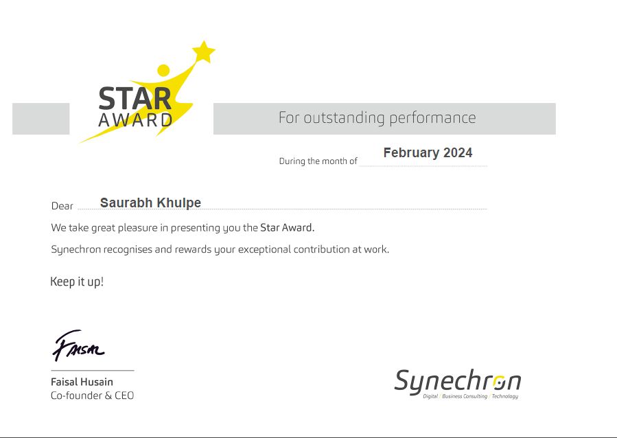 Feeling very honored and humbled to receive the STAR Award for February ... Feeling very honored and humbled to receive the STAR Award for February ...