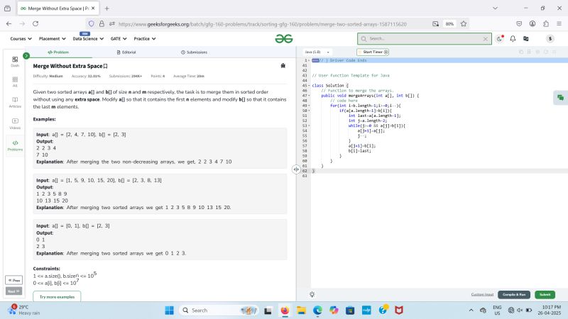 #gfg160 #gfg160 #dsa #java #inplacesorting #mergesortedarrays # ... #gfg160 #gfg160 #dsa #java #inplacesorting #mergesortedarrays # ...