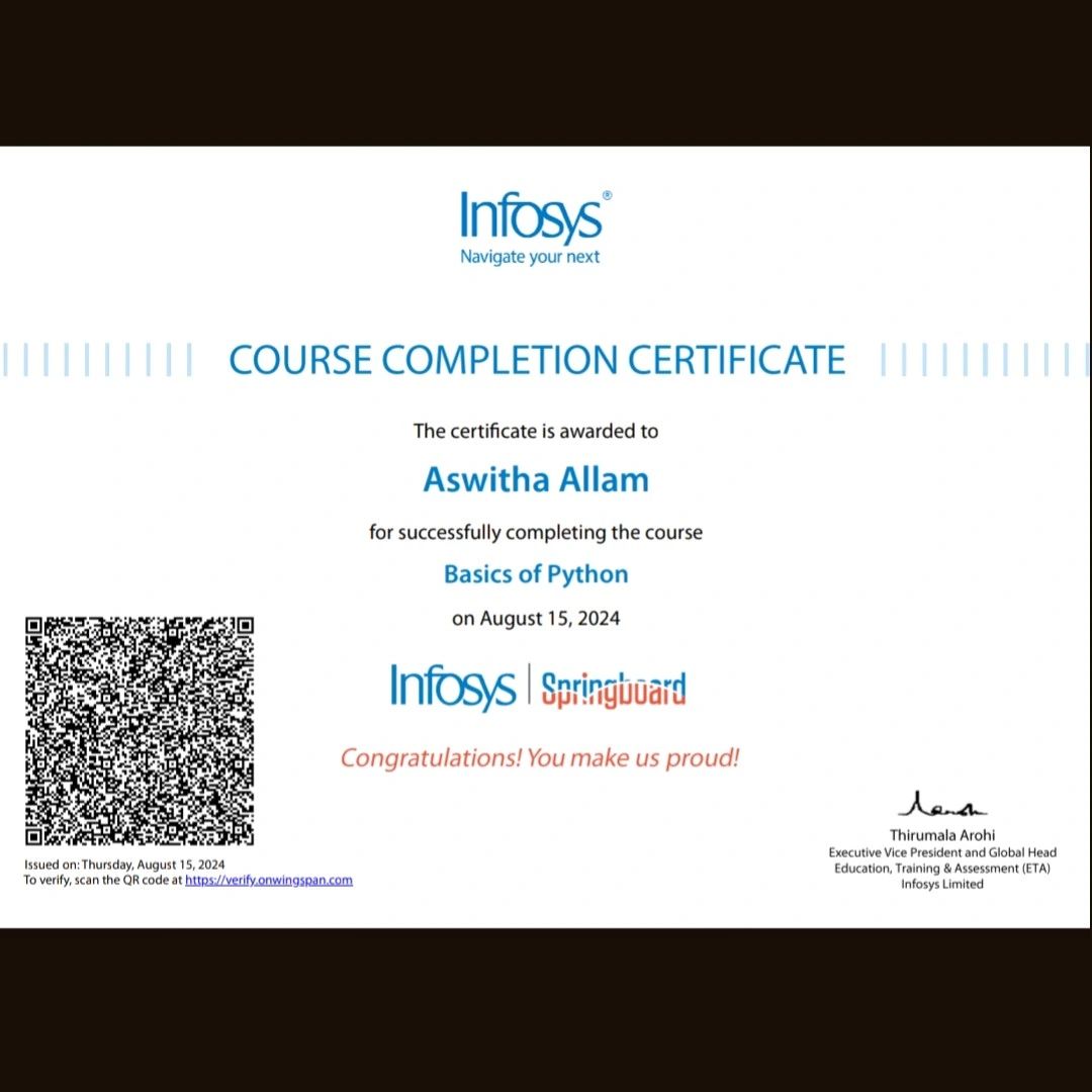 #python #programming #learning #tech #infosys #certificate | Allam Aswitha #python #programming #learning #tech #infosys #certificate | Allam Aswitha