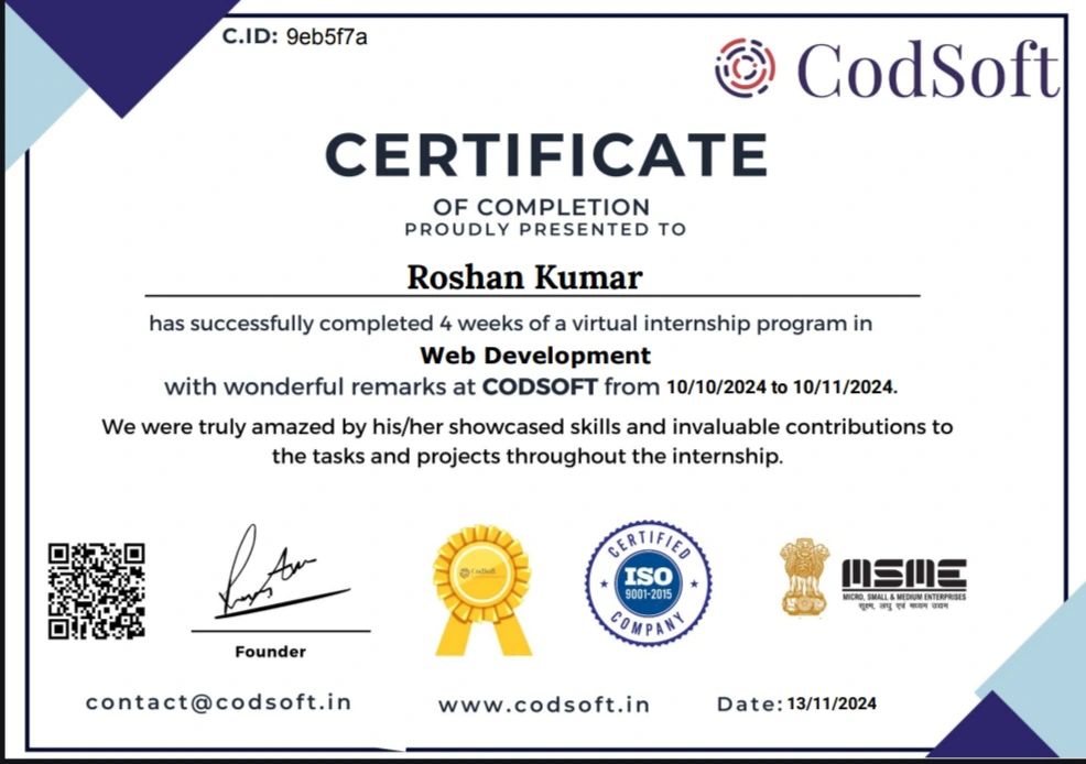 Roshan Kumar on LinkedIn: #codsoft Roshan Kumar on LinkedIn: #codsoft