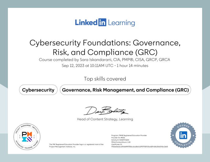 Sara Iskandarani, CIA, PMP®, CISA, GRCP, GRCA on LinkedIn: Certificate ... Sara Iskandarani, CIA, PMP®, CISA, GRCP, GRCA on LinkedIn: Certificate ...