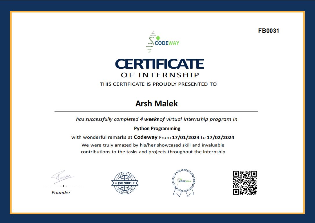 Arsh Malek on LinkedIn: #python #internship #codewaysolutions # ... Arsh Malek on LinkedIn: #python #internship #codewaysolutions # ...