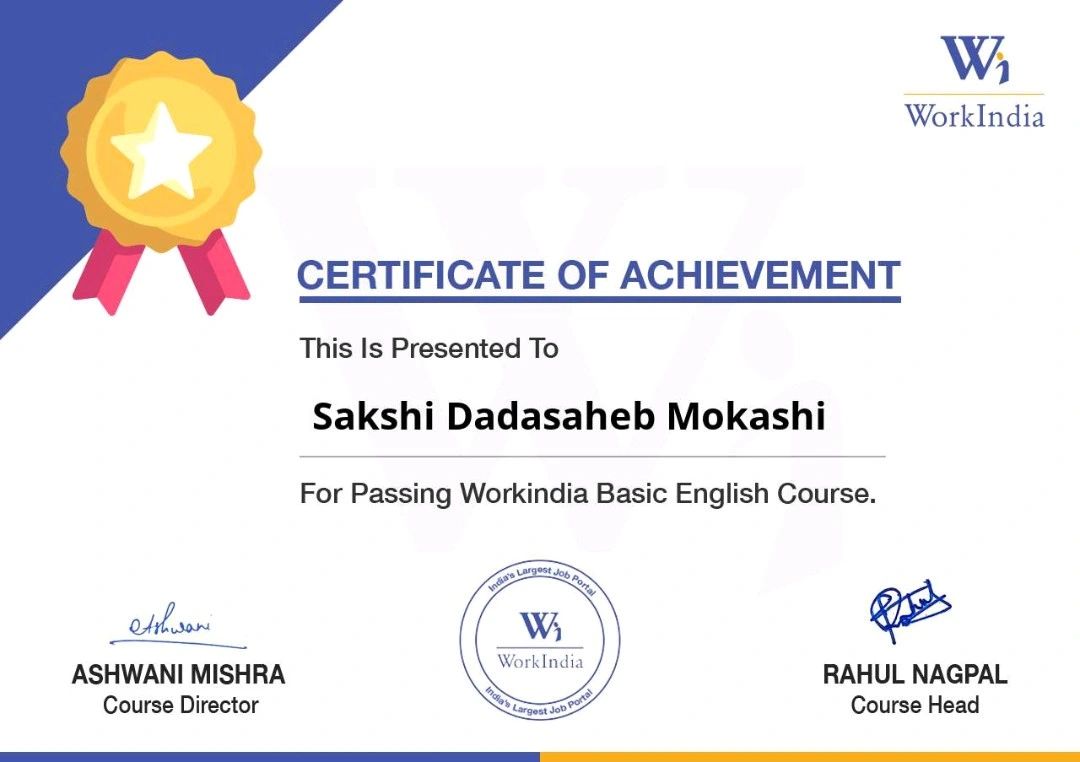 Certificate of achievement for passing Workindia Basic English Course ... Certificate of achievement for passing Workindia Basic English Course ...