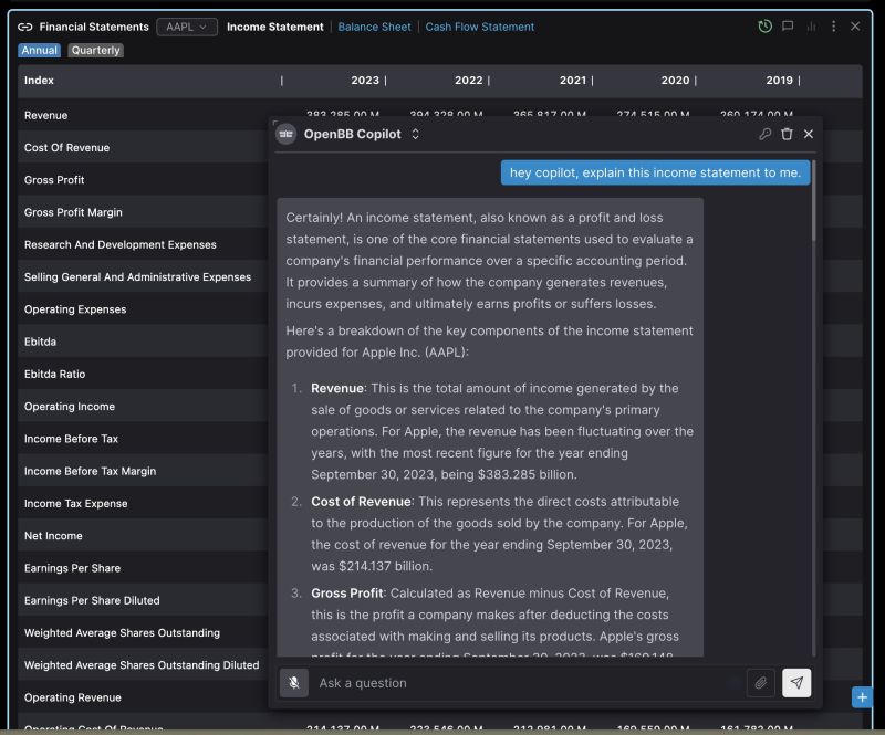 With the OpenBB Copilot, you'll be able to analyze balance sheets ... With the OpenBB Copilot, you'll be able to analyze balance sheets ...