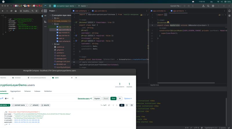I made a simple encryption layer for Nestjs Mongoose. You simply need ... I made a simple encryption layer for Nestjs Mongoose. You simply need ...