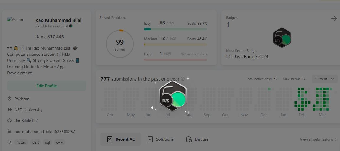 Hi guys, I got 50 Days Badge from LeetCode. This platform has helped me ... Hi guys, I got 50 Days Badge from LeetCode. This platform has helped me ...