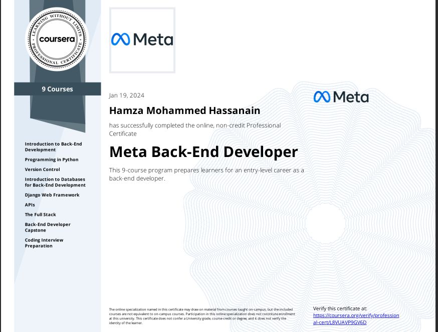 Hamza Hassanain on LinkedIn: Finally, I have completed the Meta Back ... Hamza Hassanain on LinkedIn: Finally, I have completed the Meta Back ...
