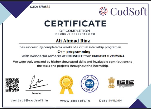 Ali Ahmad Riaz on LinkedIn: #cplusplus #internship #codsoft # ... Ali Ahmad Riaz on LinkedIn: #cplusplus #internship #codsoft # ...