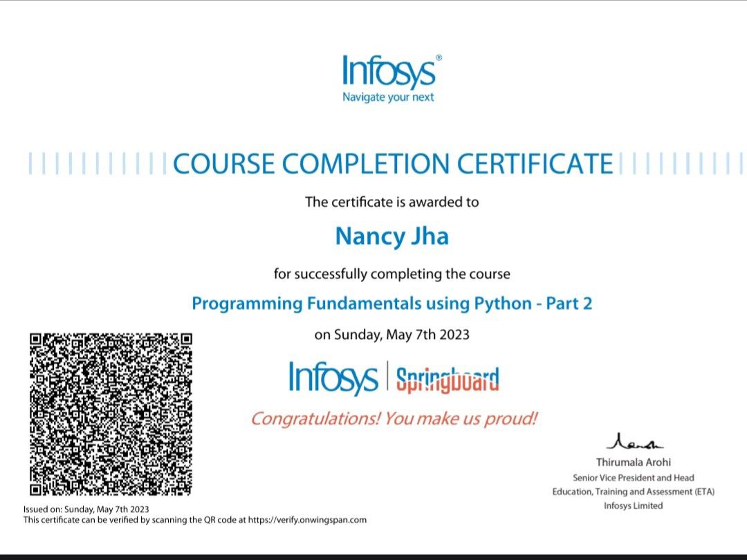 Nancy Jha on LinkedIn: #infosysspringboard #python #programming #infosys Nancy Jha on LinkedIn: #infosysspringboard #python #programming #infosys