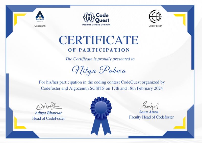 #algozenithsgsits #sgsits #codequest | Nitya Pahwa #algozenithsgsits #sgsits #codequest | Nitya Pahwa