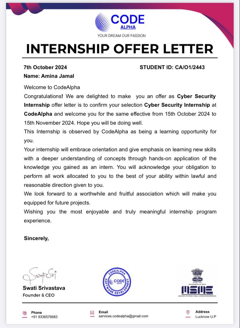 Amina Jamal on LinkedIn: #internship #cybersecurity #codealpha #grateful Amina Jamal on LinkedIn: #internship #cybersecurity #codealpha #grateful
