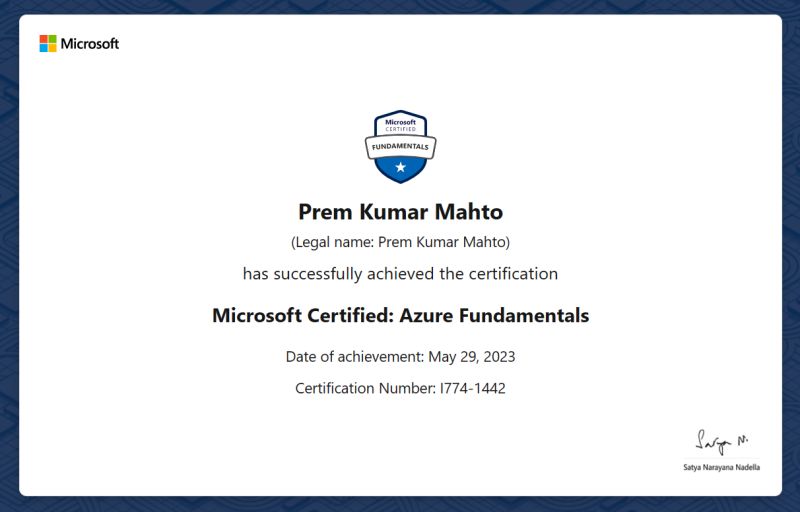 Prem Mahto on LinkedIn: Finally completed my Azure AZ - 900 certification Prem Mahto on LinkedIn: Finally completed my Azure AZ - 900 certification