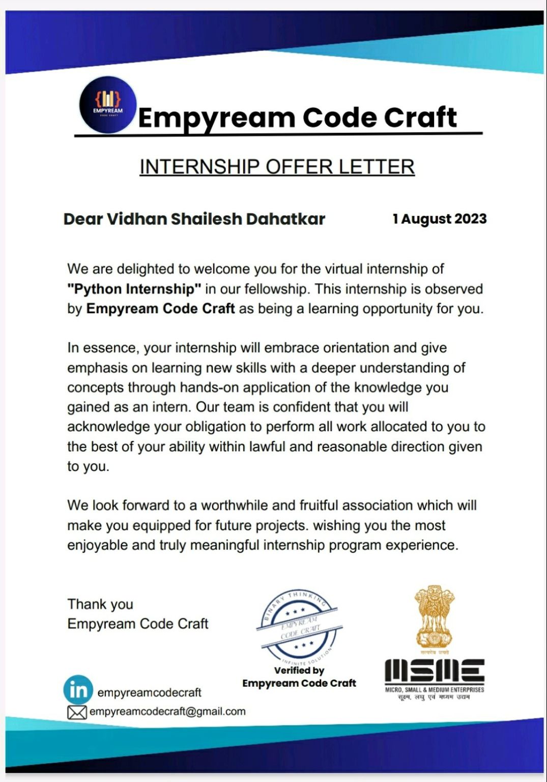 Vidhan Dahatkar on LinkedIn: #python #internshipopportunity #grateful # ... Vidhan Dahatkar on LinkedIn: #python #internshipopportunity #grateful # ...