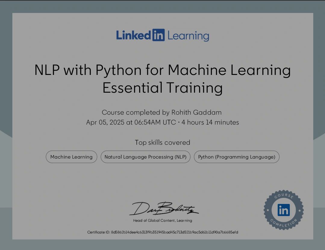 #nlp #machinelearning #python #linkedinlearning #ai | Rohith Gaddam #nlp #machinelearning #python #linkedinlearning #ai | Rohith Gaddam