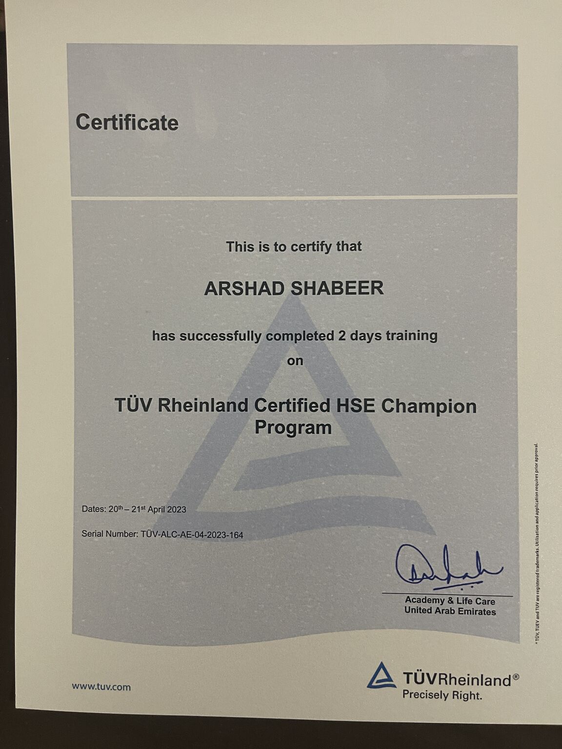 Arshad Shabeer on LinkedIn: Training Certificate issued by TUV Rheinland Arshad Shabeer on LinkedIn: Training Certificate issued by TUV Rheinland