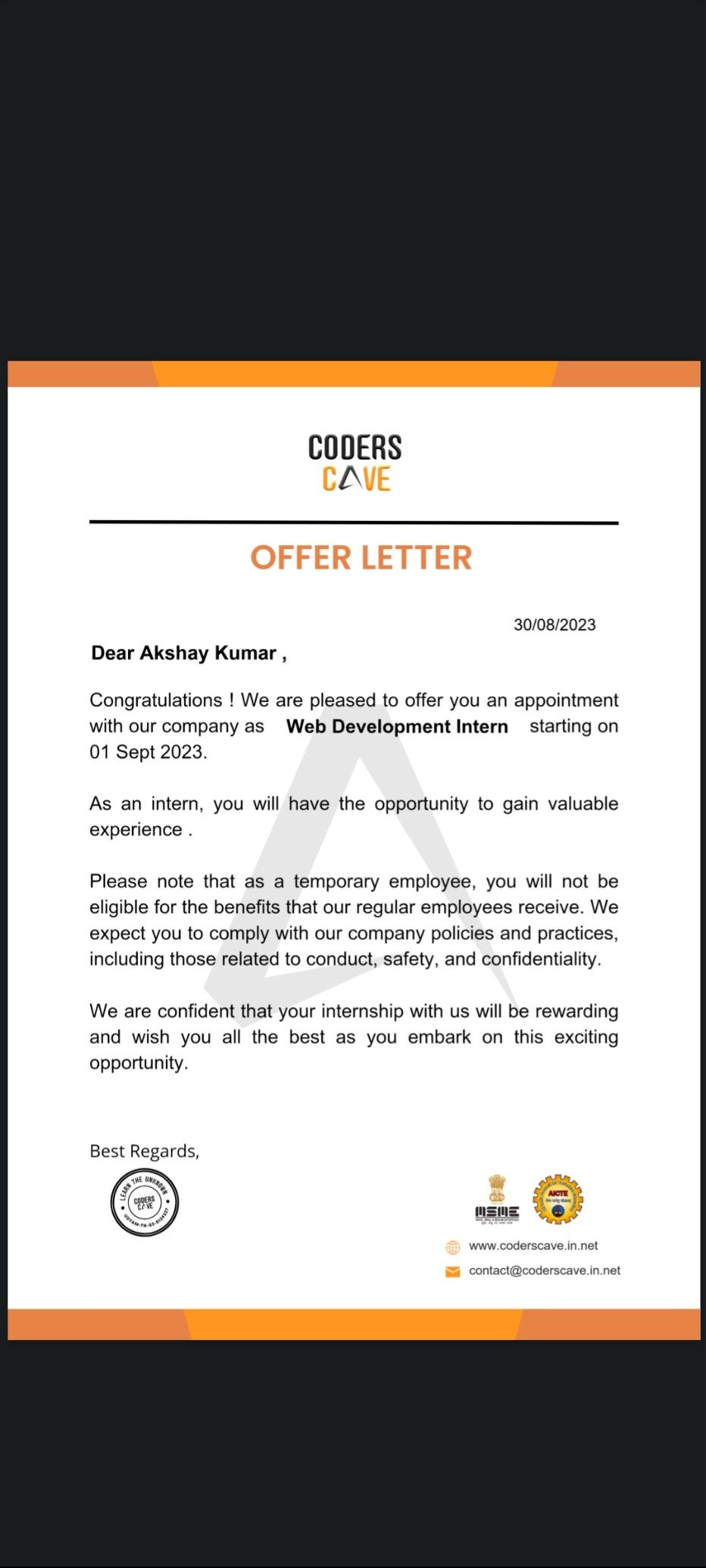 Akshay Kumar on LinkedIn: #internship #coderscave #webdevelopment Akshay Kumar on LinkedIn: #internship #coderscave #webdevelopment