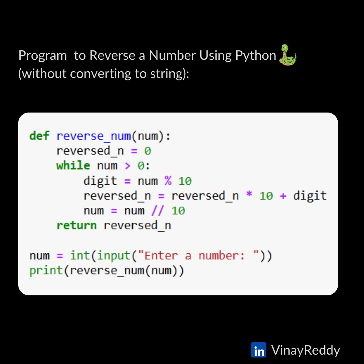 #python #basicpython #code #reverseofnumber | Vinay Reddy #python #basicpython #code #reverseofnumber | Vinay Reddy
