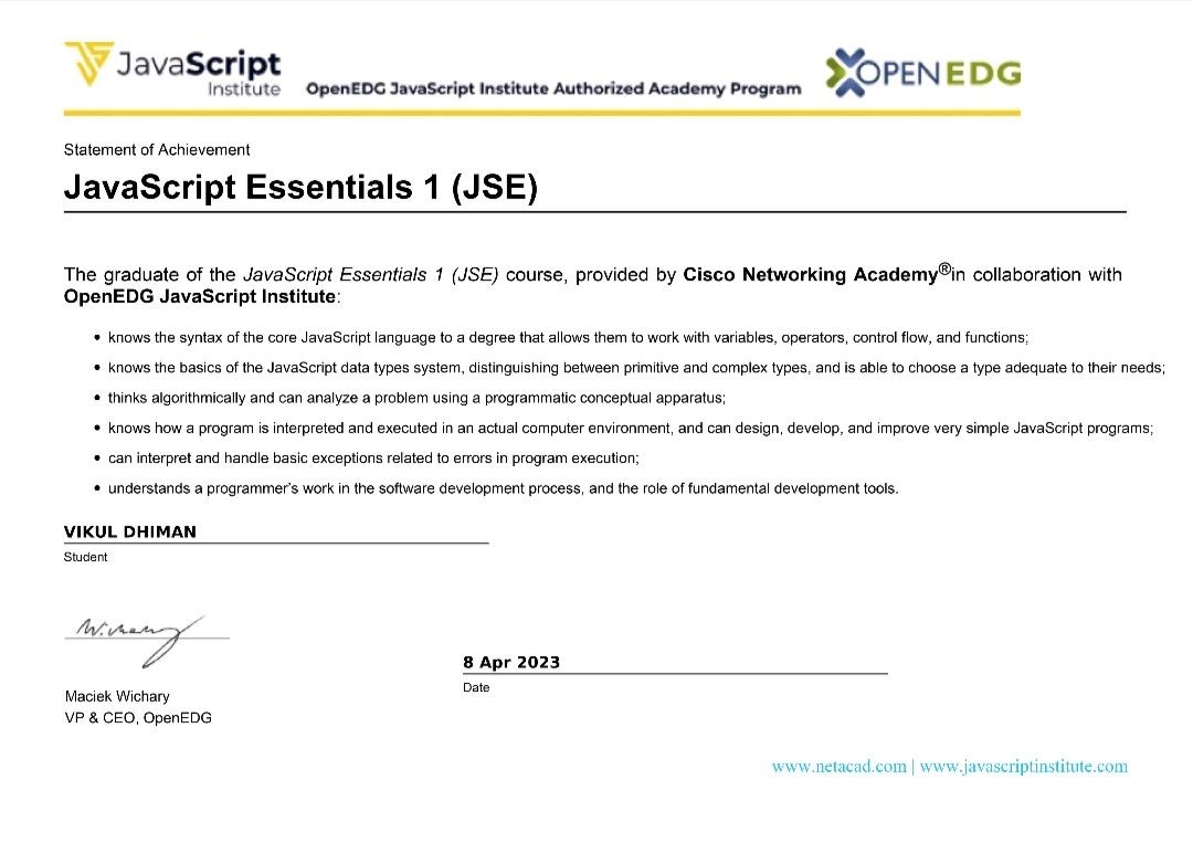 Vikul Dhiman on LinkedIn: #javascript #share #cisco #ciscocertification Vikul Dhiman on LinkedIn: #javascript #share #cisco #ciscocertification