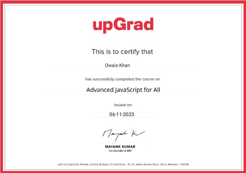 owais khan on LinkedIn: Proud to have earned my [Advanced JavaScript ... owais khan on LinkedIn: Proud to have earned my [Advanced JavaScript ...