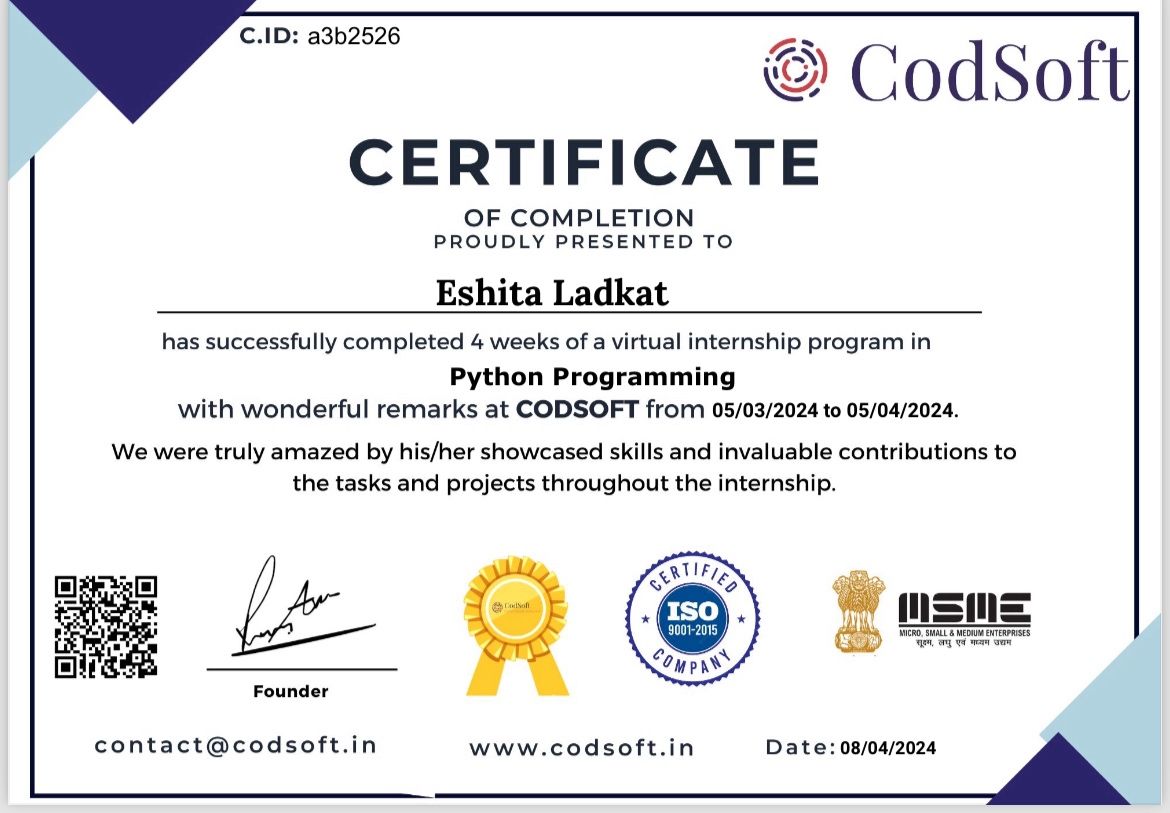 Eshita Ladkat on LinkedIn: #internship #pythonprogramming #team #codsoft Eshita Ladkat on LinkedIn: #internship #pythonprogramming #team #codsoft