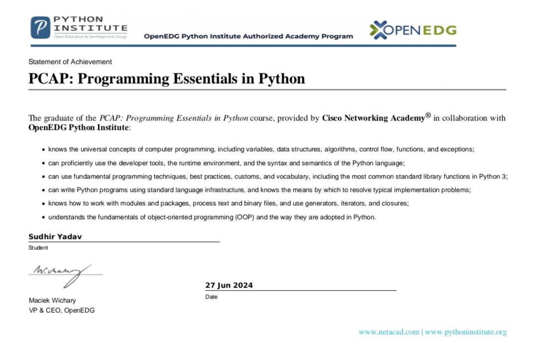 Graduated from PCAP: Programming Essentials | Sudhir Yadav posted on ... Graduated from PCAP: Programming Essentials | Sudhir Yadav posted on ...