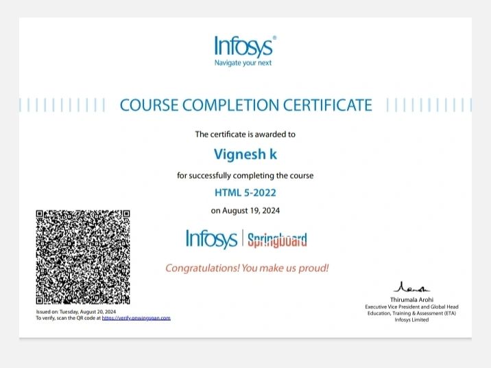 I completed an HTML5 course on Infosys Springboard, where I gained ... I completed an HTML5 course on Infosys Springboard, where I gained ...