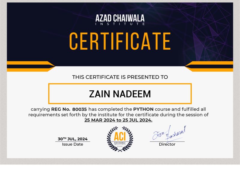 Completed Python Programming Course by Azad Chaiwala Institute | Zain ... Completed Python Programming Course by Azad Chaiwala Institute | Zain ...