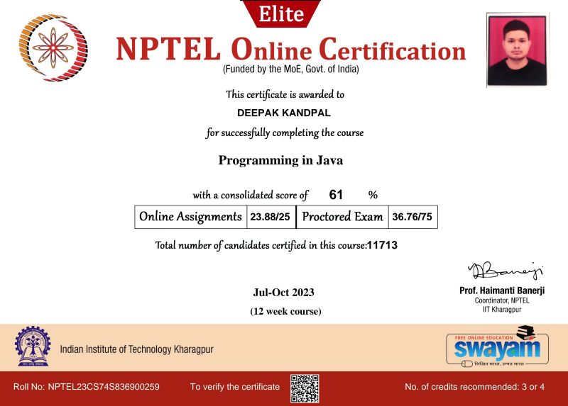 Deepak Kandpal on LinkedIn: #nptel #swayam #javaprogramming Deepak Kandpal on LinkedIn: #nptel #swayam #javaprogramming