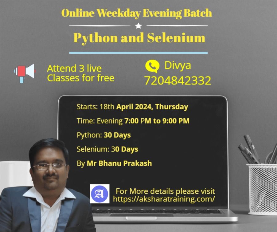 Dear all, We are starting new online Python-Selenium Evening batch By ... Dear all, We are starting new online Python-Selenium Evening batch By ...