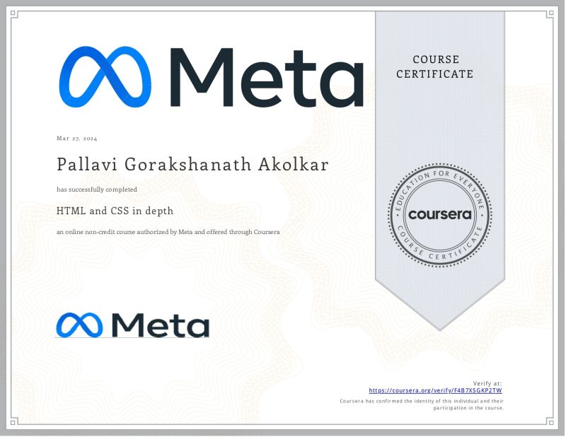 #html #css #webdevelopment #certificationachieved | Pallavi Akolkar #html #css #webdevelopment #certificationachieved | Pallavi Akolkar