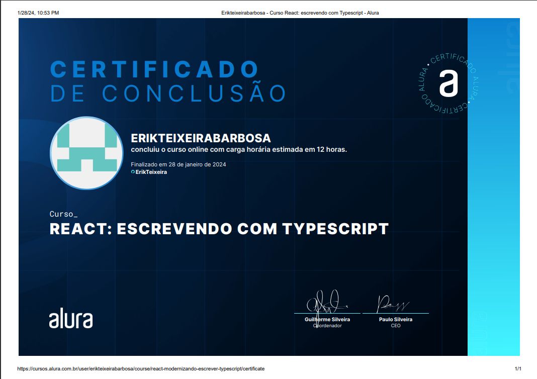 🚀 Novidade Empolgante: Concluí a Certificação em React com TypeScript ... 🚀 Novidade Empolgante: Concluí a Certificação em React com TypeScript ...