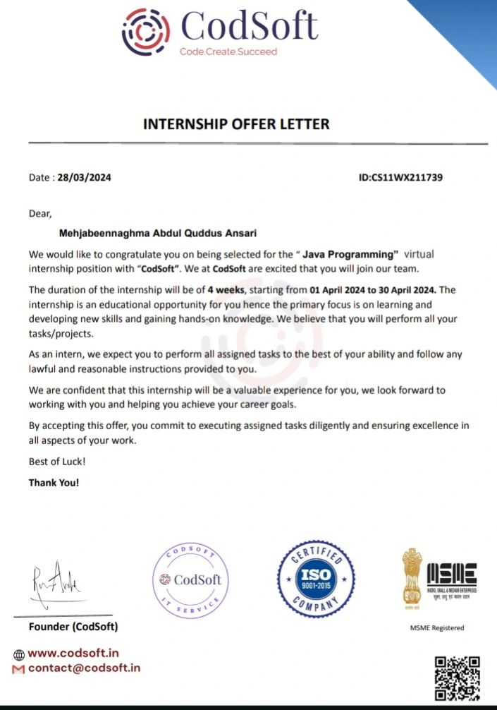 Nagma Ansari on LinkedIn: #internship #codsoft Nagma Ansari on LinkedIn: #internship #codsoft