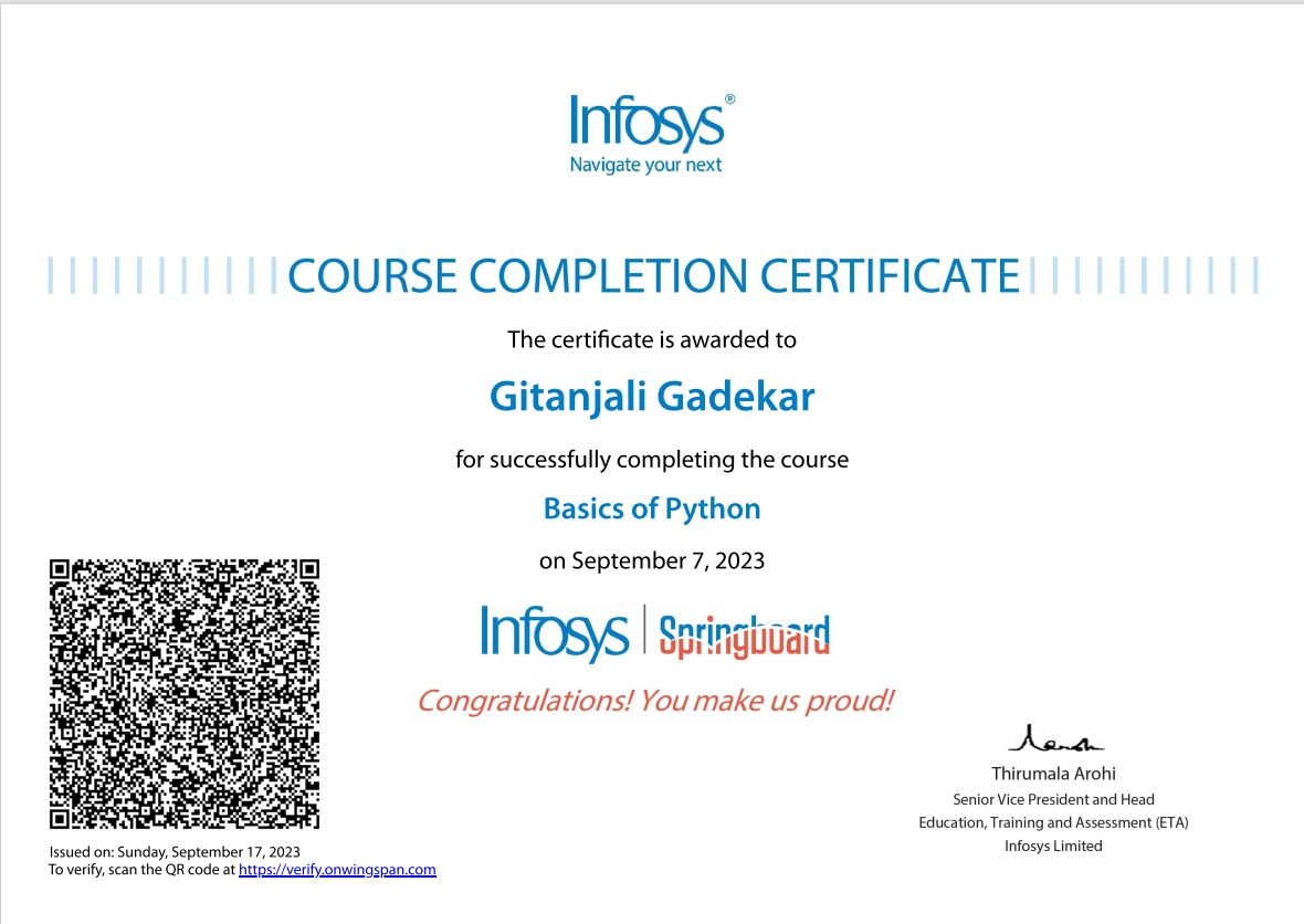 Gitanjali Gadekar on LinkedIn: #python #infosysspringboard Gitanjali Gadekar on LinkedIn: #python #infosysspringboard