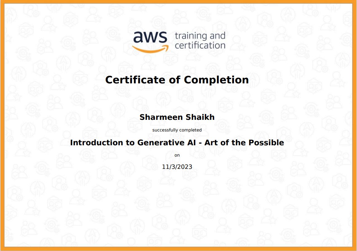 Certified in Gen AI course by AWS | Sharmeen Shaikh posted on the topic ... Certified in Gen AI course by AWS | Sharmeen Shaikh posted on the topic ...