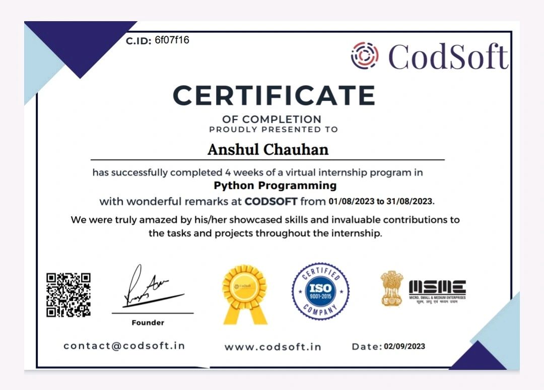 Anshul Chauhan on LinkedIn: #codsoft #codsoftinternship #internship # ... Anshul Chauhan on LinkedIn: #codsoft #codsoftinternship #internship # ...
