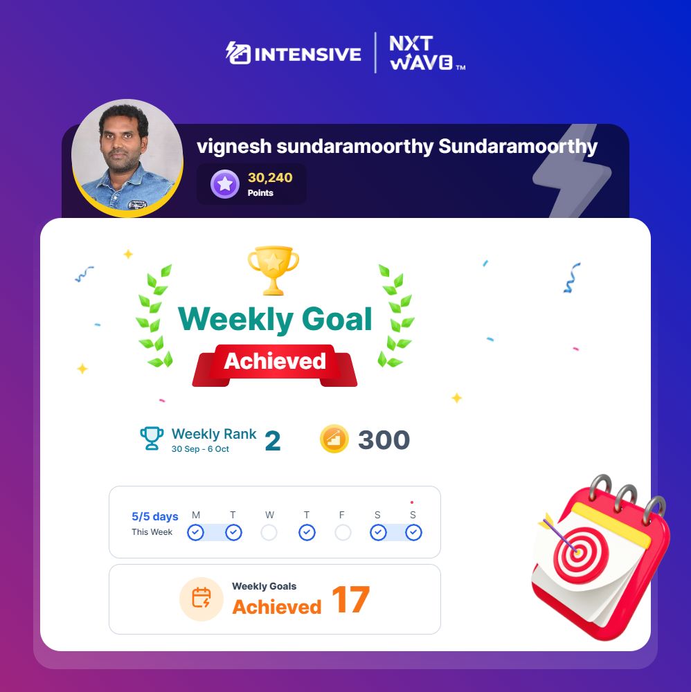 Vignesh Sundaramoorthy on LinkedIn: #learningprogress #nxtwave Vignesh Sundaramoorthy on LinkedIn: #learningprogress #nxtwave