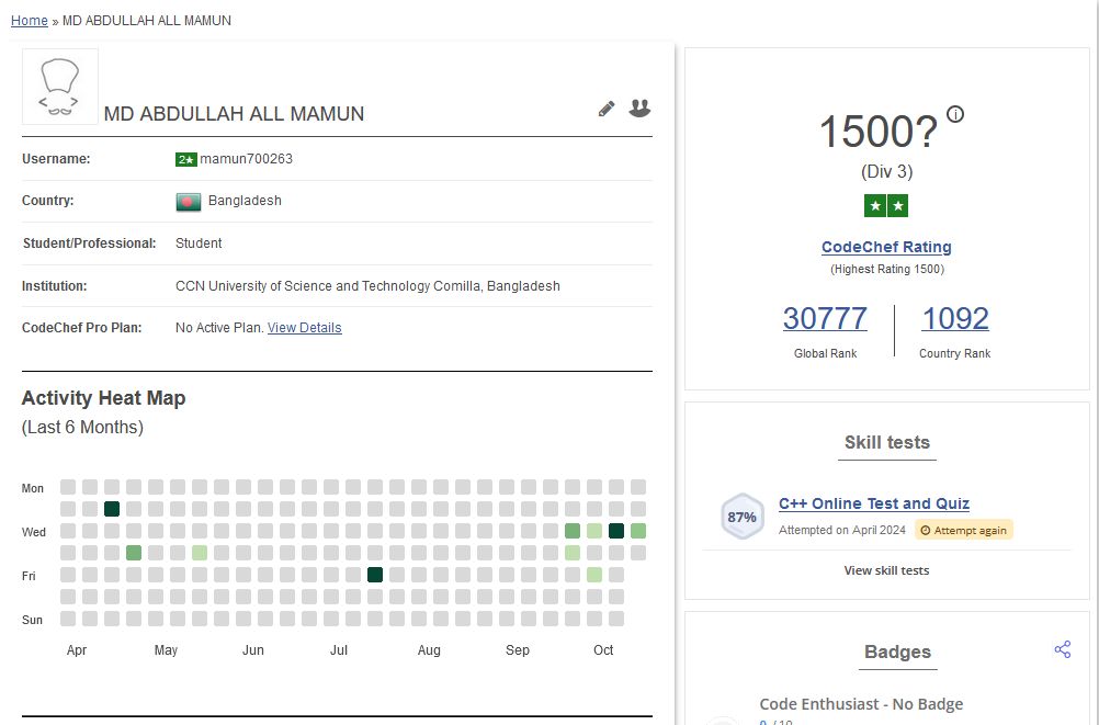 MD ABDULLAH ALL MAMUN on LinkedIn: #codechef #competitiveprogramming # ... MD ABDULLAH ALL MAMUN on LinkedIn: #codechef #competitiveprogramming # ...